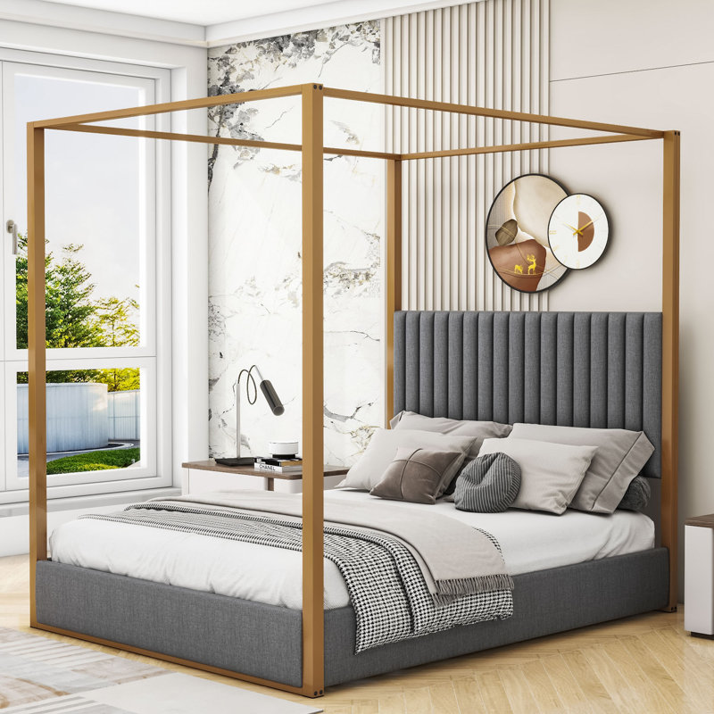 Mercer41 Zara Queen Size Linen Upholstery Canopy Bed With Headboard And